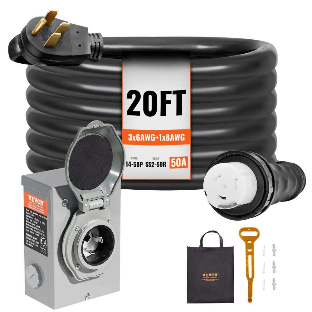 VEVOR 50 Amp Generator Cord and Power Inlet Box Kit, 20FT, NEMA 14-50P ...