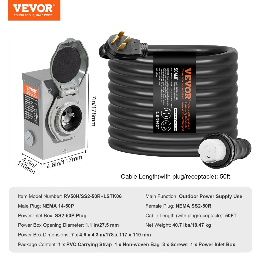 VEVOR 50 Amp Generator Cord and Power Inlet Box Kit, 50FT, NEMA 14-50P ...