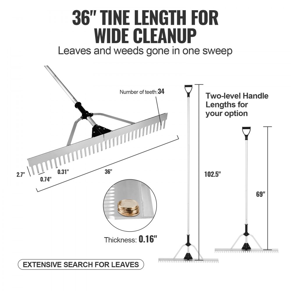 VEVOR Landscape Rake, 36" Head Aluminum Landscape Rake, Lake Weed Rake ...