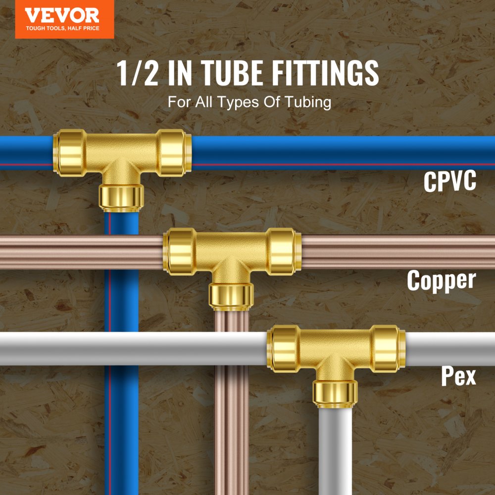 VEVOR Pipe Fittings 1/2" 12PCS Tee Brass Push-Fit for Heating/Shower ...