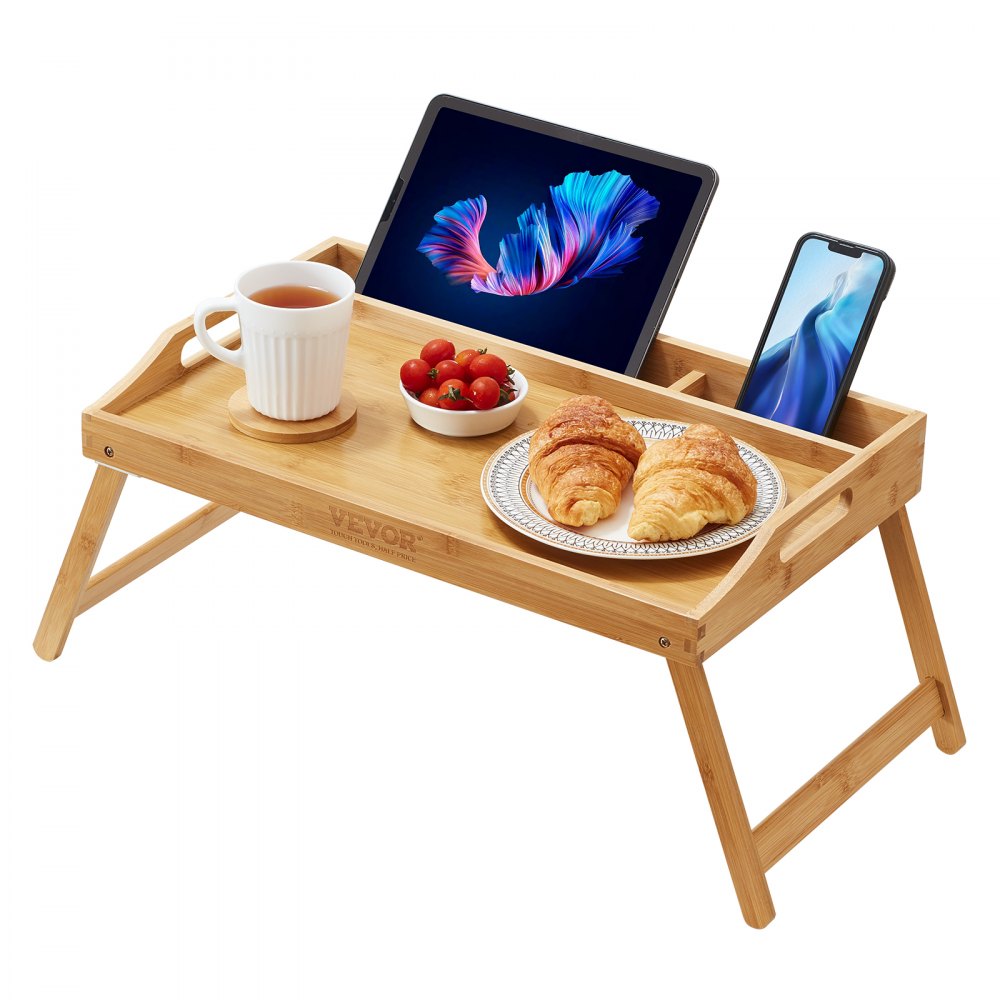 VEVOR Bed Tray Table with Foldable Legs & Media Slot, Bamboo Breakfast ...