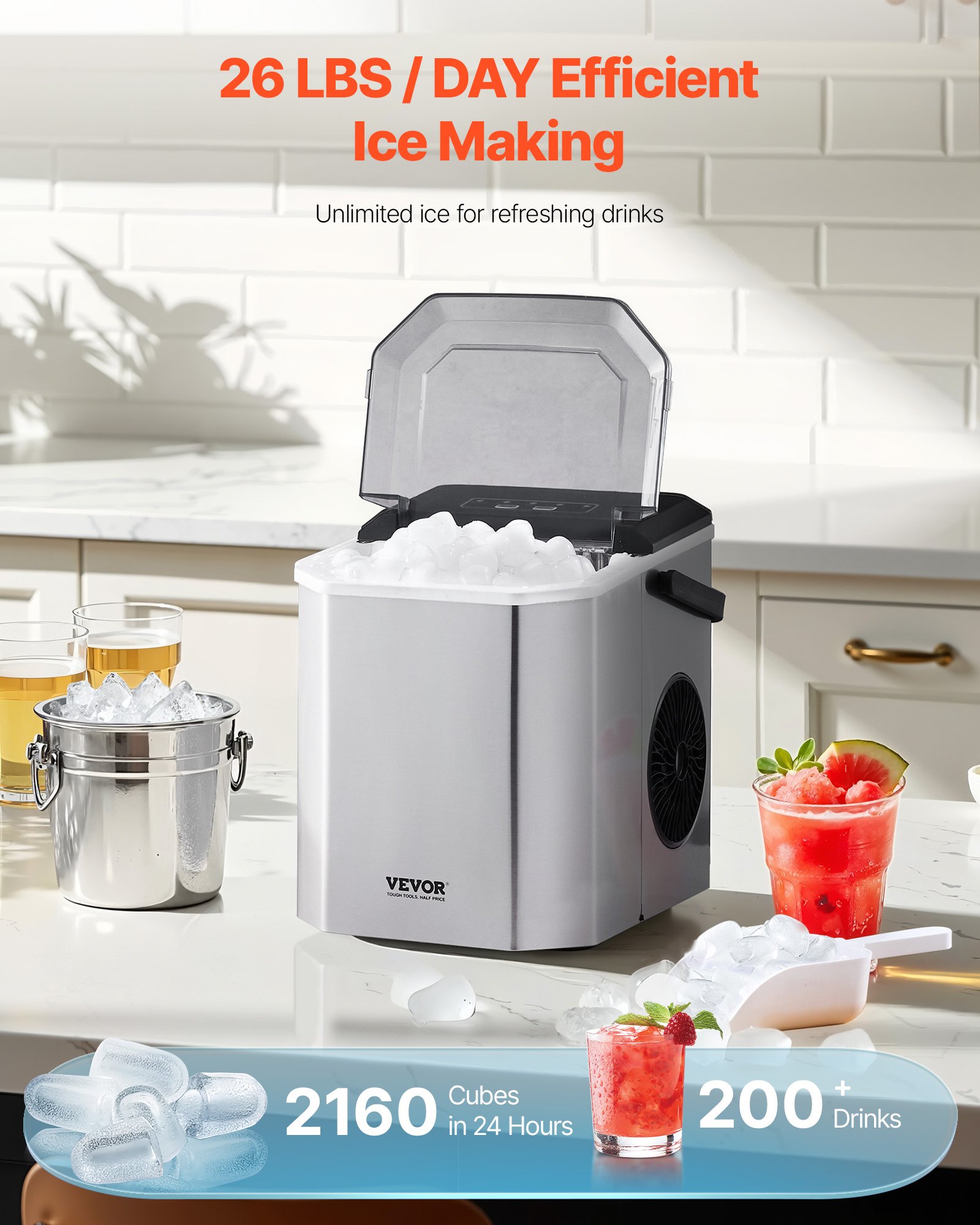VEVOR Countertop Ice Maker, 9 Cubes Ready in 6 Mins, 26lbs in 24Hrs ...