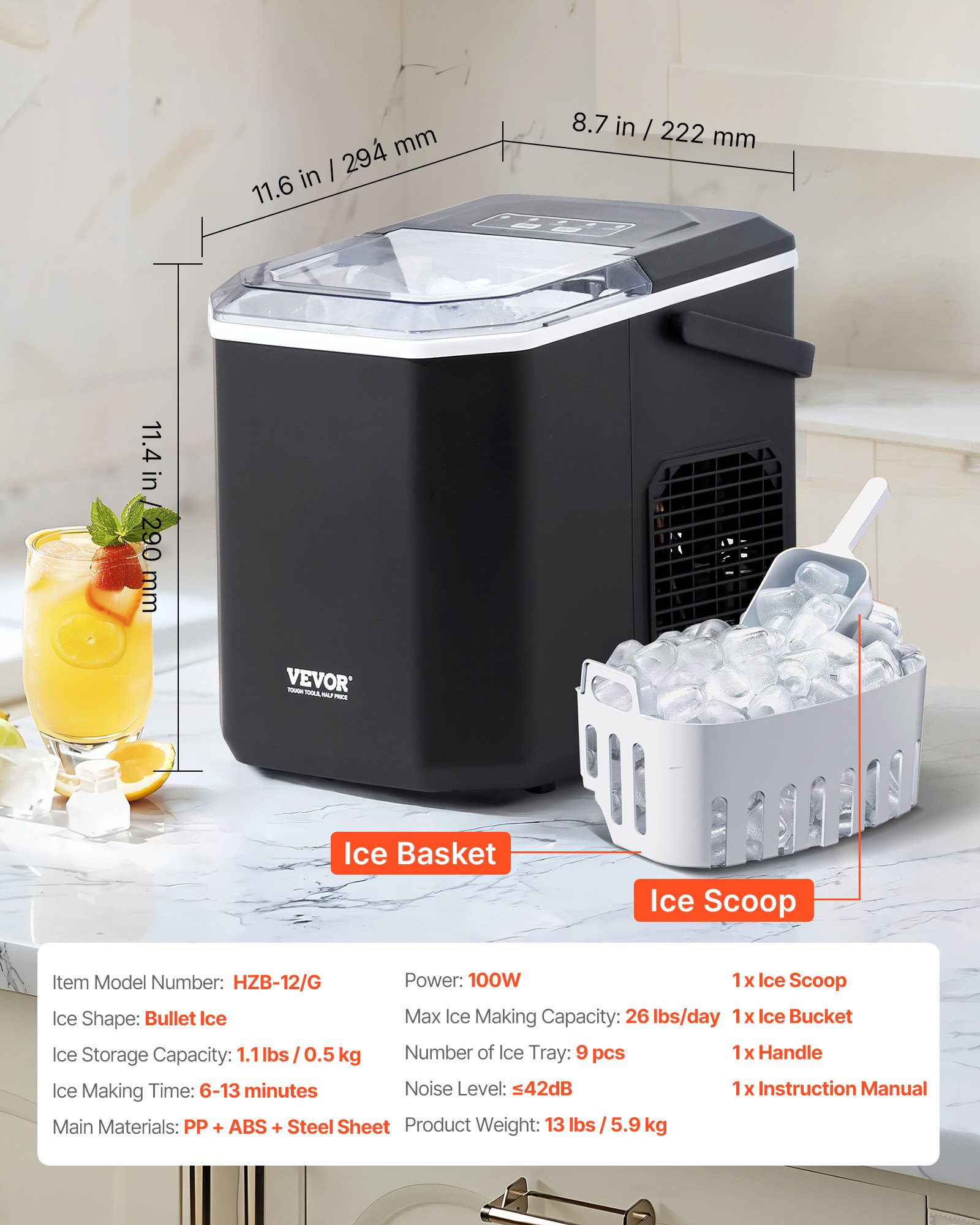 VEVOR Countertop Ice Maker, 9 Cubes Ready in 6 Mins, 26lbs in 24Hrs ...