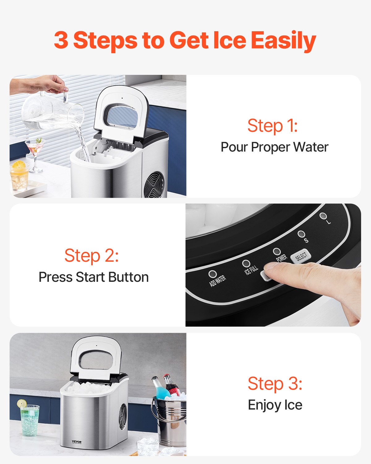 VEVOR Countertop Ice Maker, 9 Cubes Ready in 6 Mins, 33lbs in 24Hrs ...