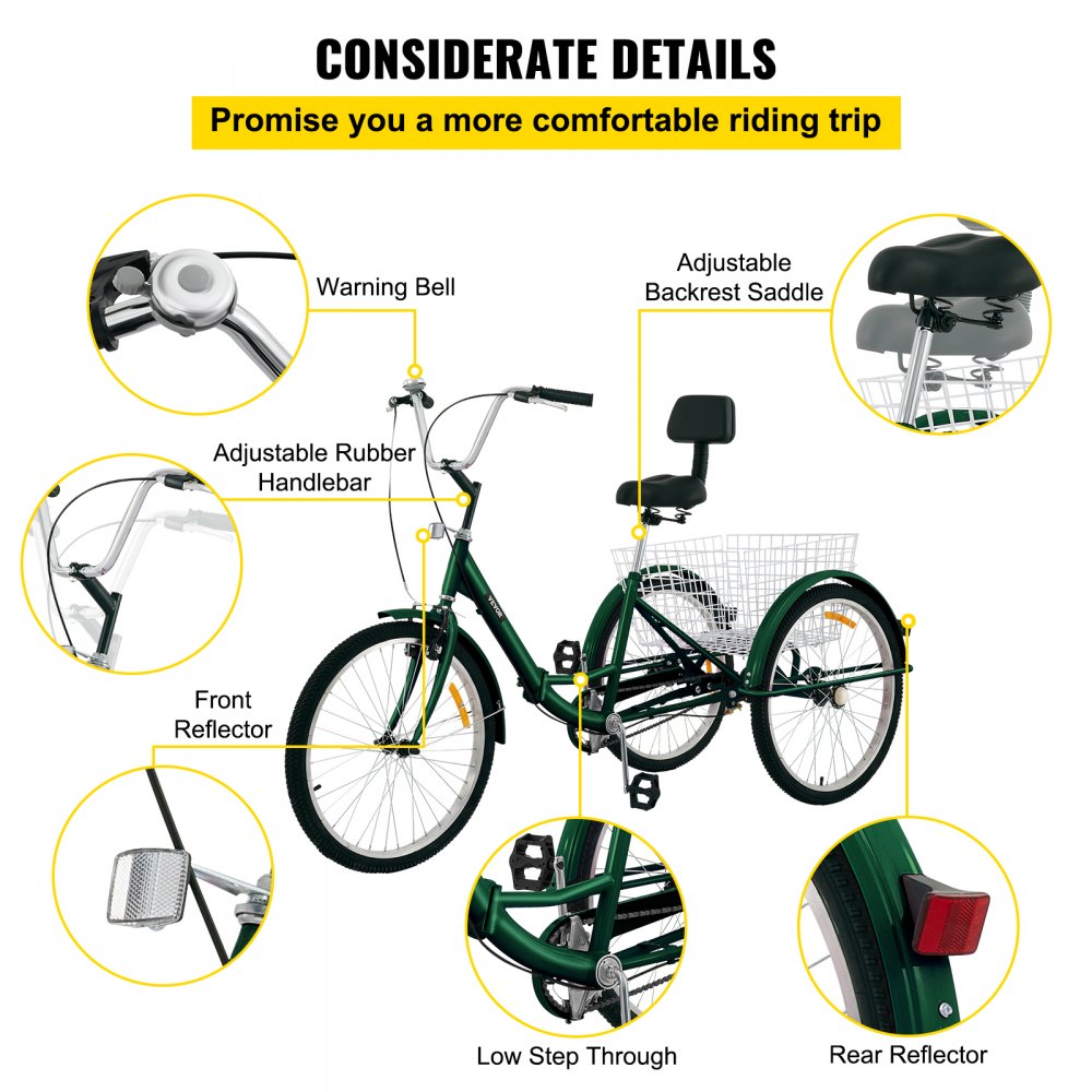 VEVOR Foldable Tricycle 24’’ Wheels, 1-Speed Green Trike, 3 Wheels ...