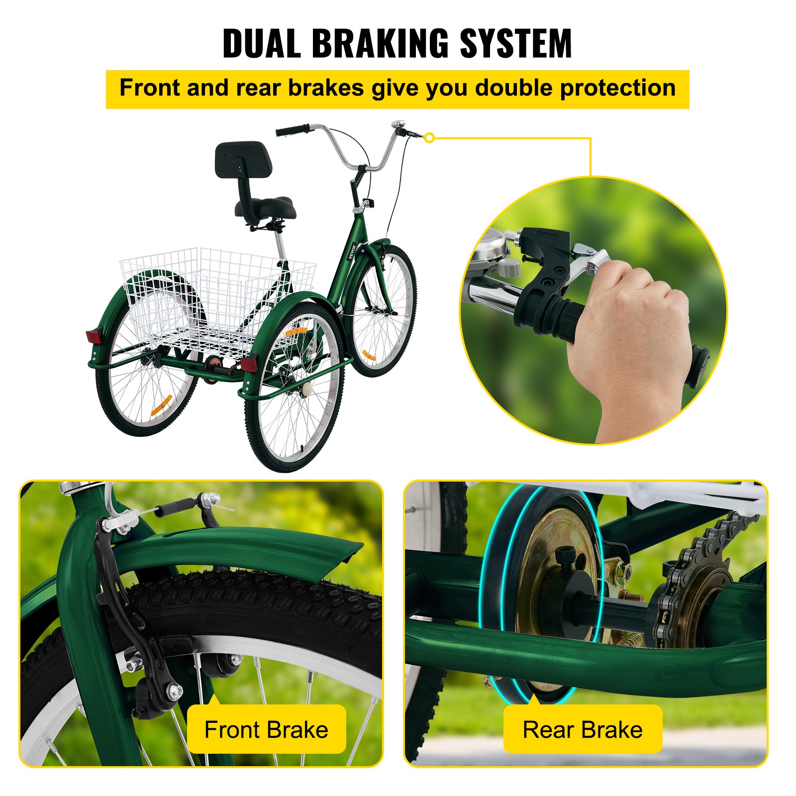 VEVOR Foldable Tricycle 24’’ Wheels, 1-Speed Green Trike, 3 Wheels ...