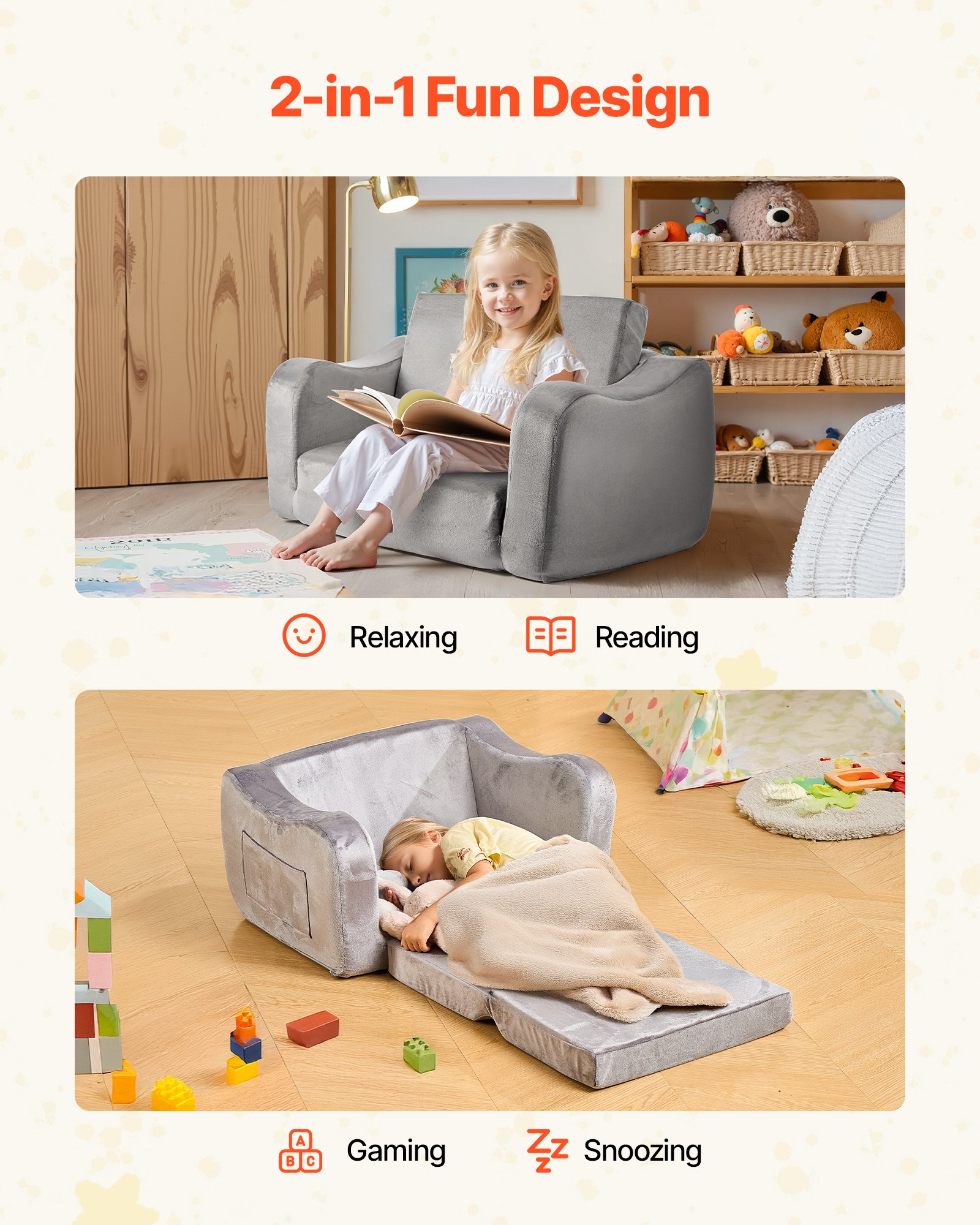 VEVOR 2-in-1 Kids Sofa, Foldable Toddler Soft Couch with Armrests, Made ...