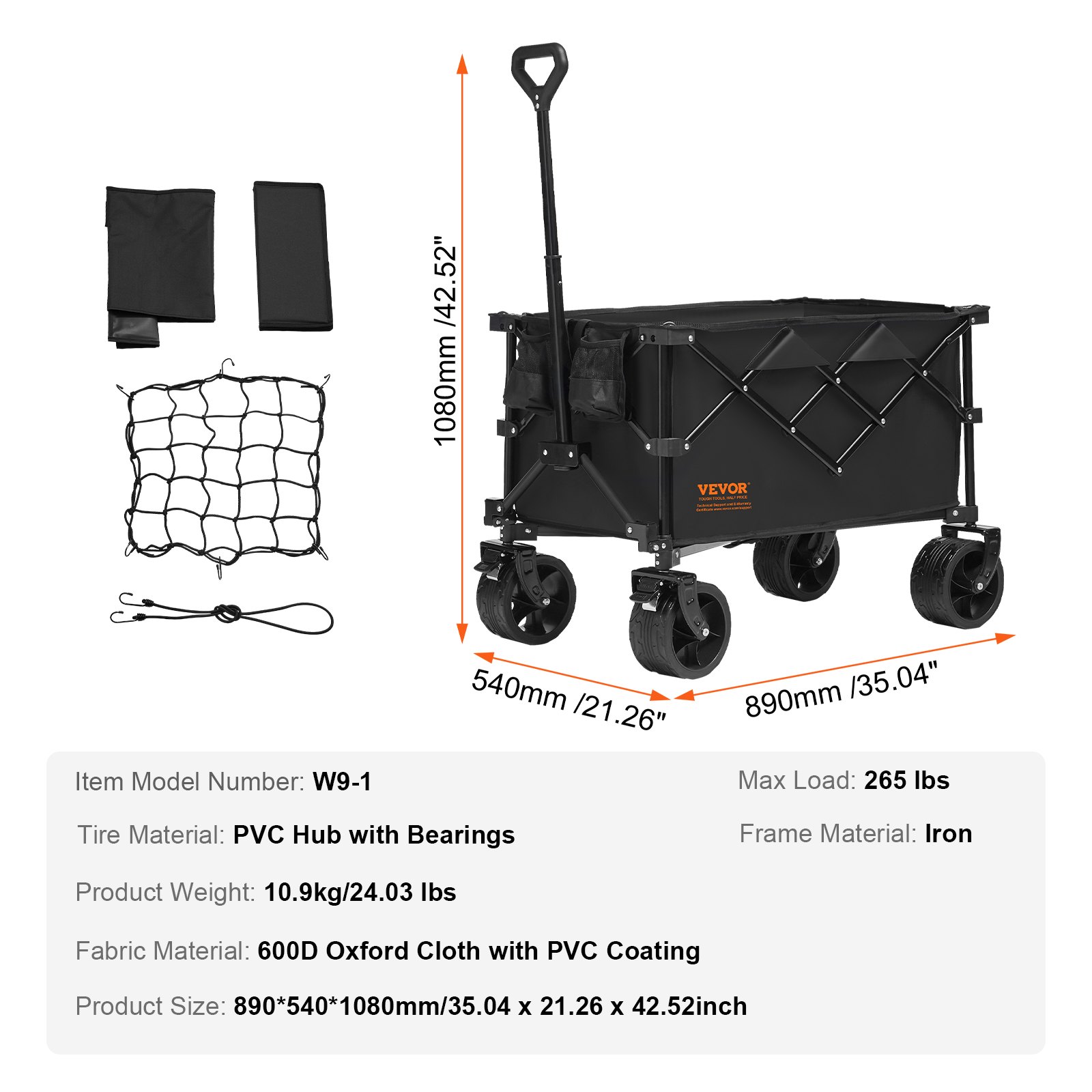 VEVOR Collapsible Folding Wagon, 150 L Beach Wagon Cart with All ...