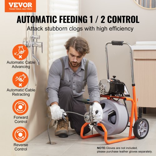 VEVOR Drain Cleaner Machine 75FT x 3/8 Inch Auto Feed with Wheels & 8 ...
