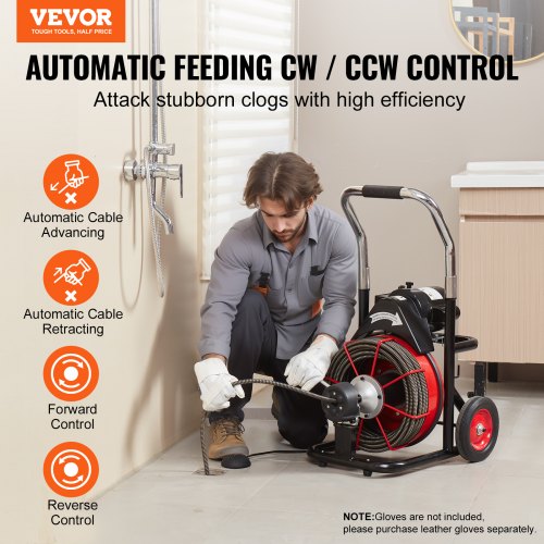 VEVOR Drain Cleaner Machine Electric Drain Auger 100FT x 1/2 In Auto ...