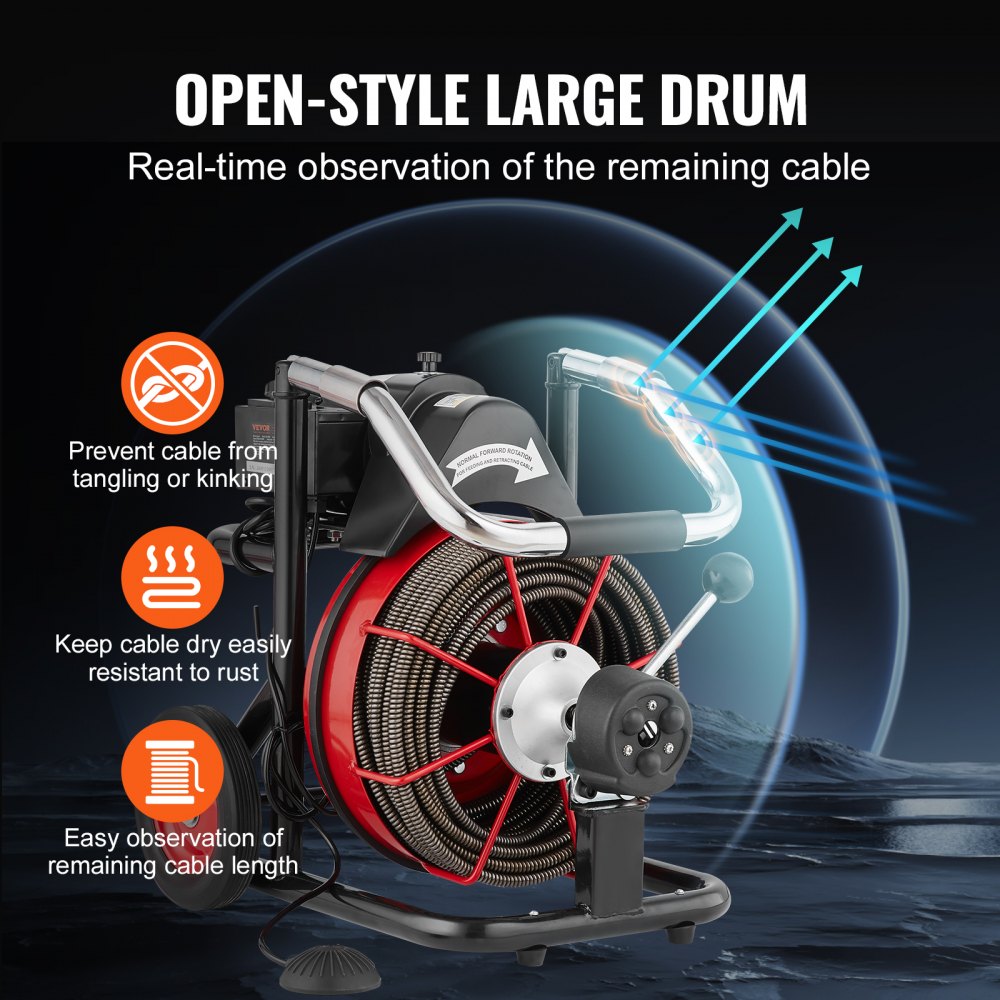 VEVOR Drain Cleaner Machine Electric Drain Auger 100FT x 1/2 In Auto ...