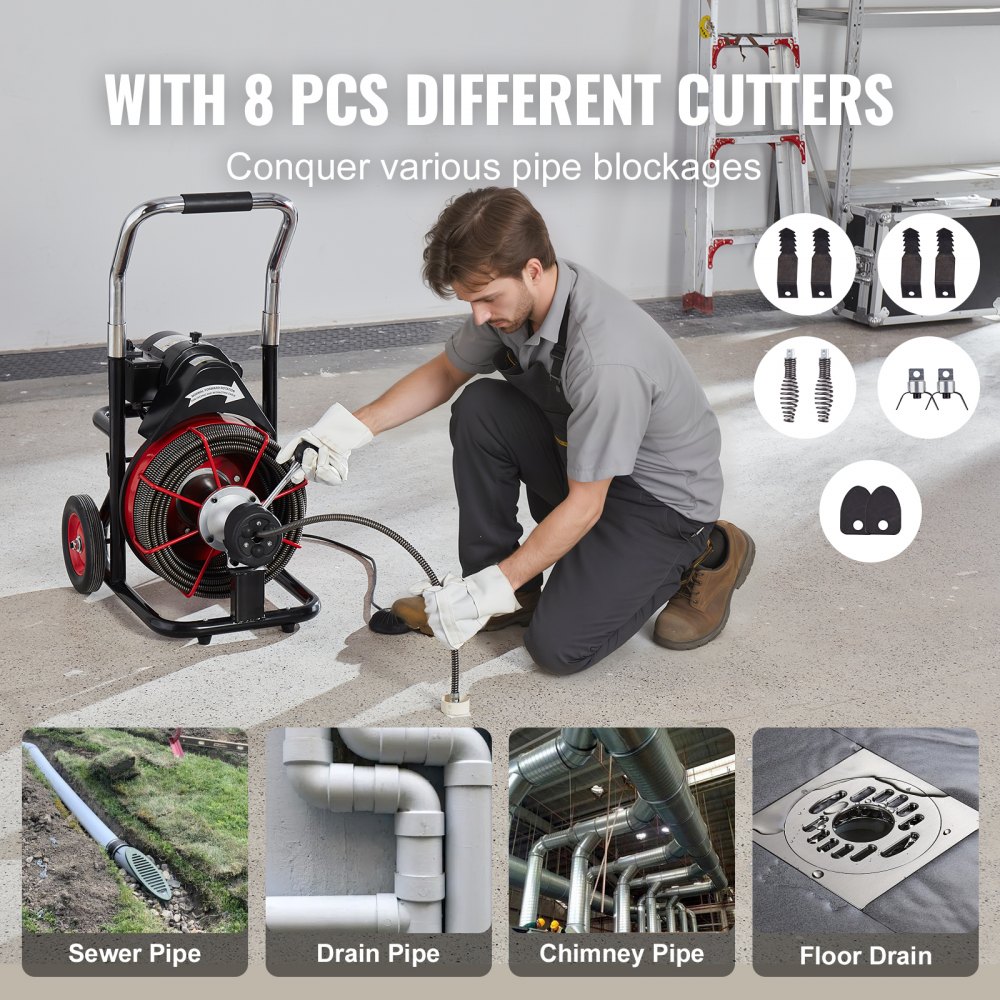 VEVOR Drain Cleaner Machine Electric Drain Auger 100FT x 1/2 In Auto ...