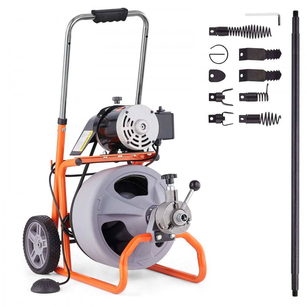 VEVOR Drain Cleaner Machine 100FT x 3/8 Inch Auto Feed with Wheels & 8 ...