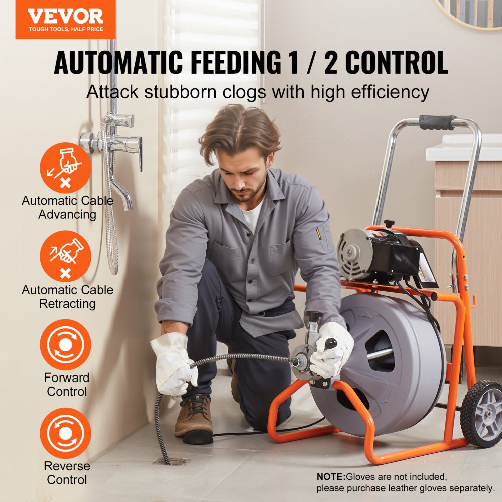 VEVOR Drain Cleaner Machine 100FT x 1/2 Inch Auto Feed with Wheels & 8 ...