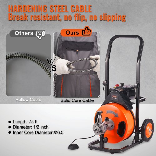 VEVOR Drain Cleaner Machine 75 FT X 1/2 Inch, Sewer Snake Machine Auto ...