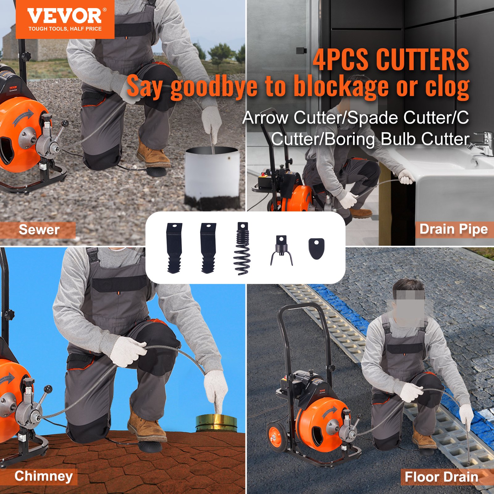 VEVOR Drain Cleaner Machine 75 FT X 1/2 Inch, Sewer Snake Machine Auto ...