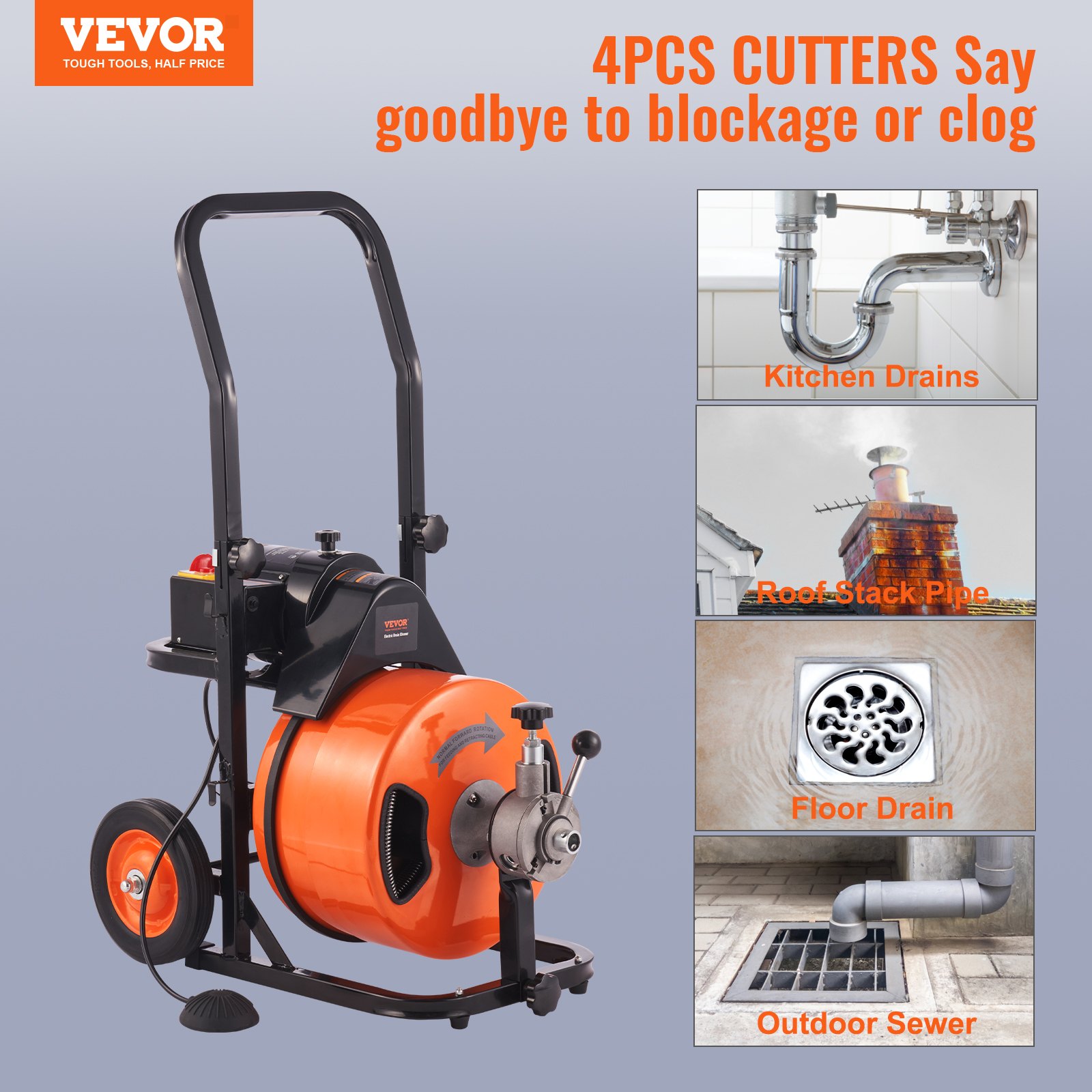 VEVOR Drain Cleaning Machine 75 FT x 1/2 Inch, Sewer Snake Machine Auto ...