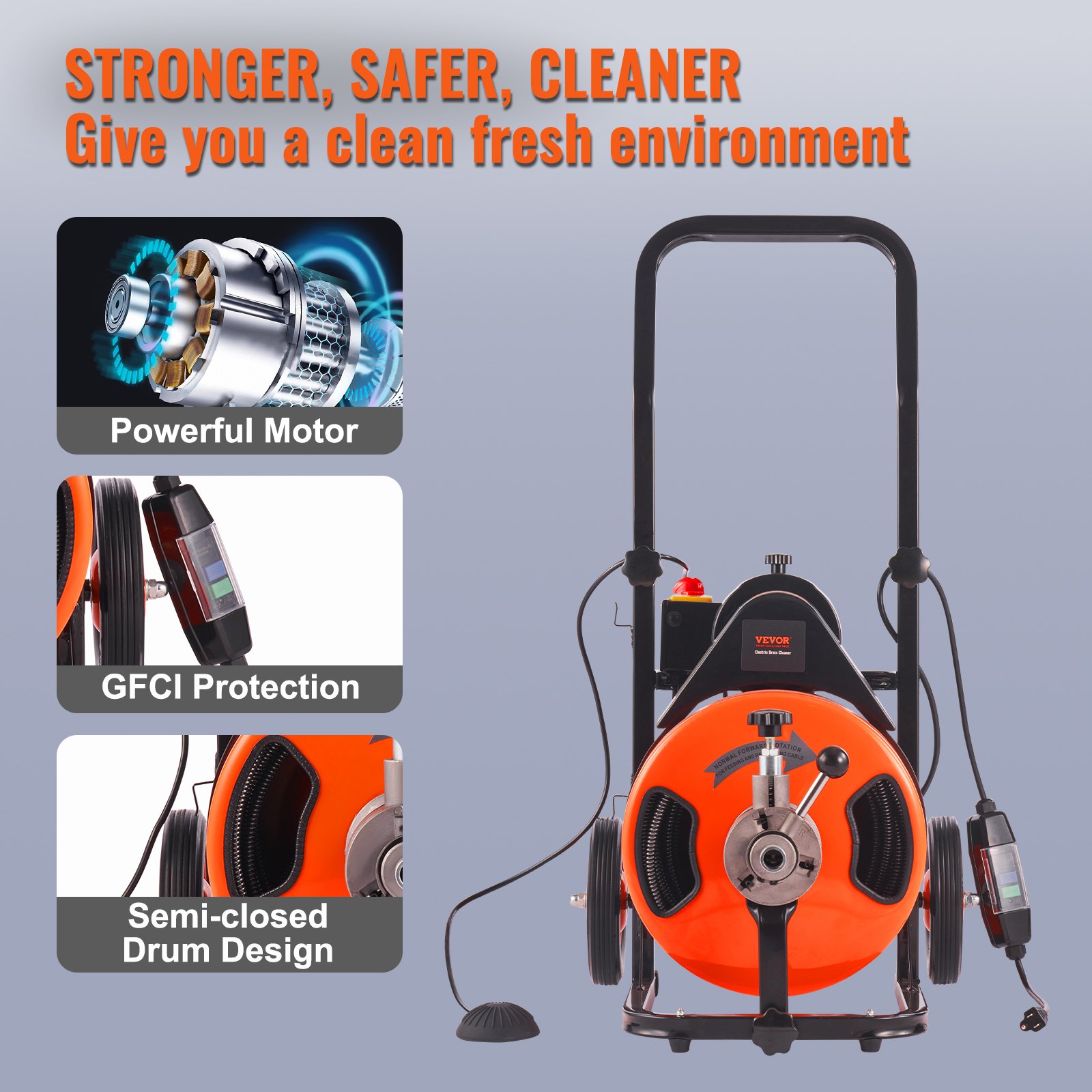 VEVOR Drain Cleaning Machine 75 FT x 1/2 Inch, Sewer Snake Machine Auto ...