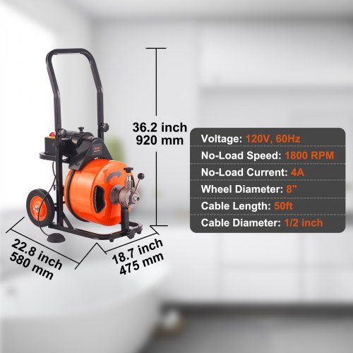 VEVOR Drain Cleaner Machine 50Ft x 1/2 Inch, Sewer Snake Machine Auto ...
