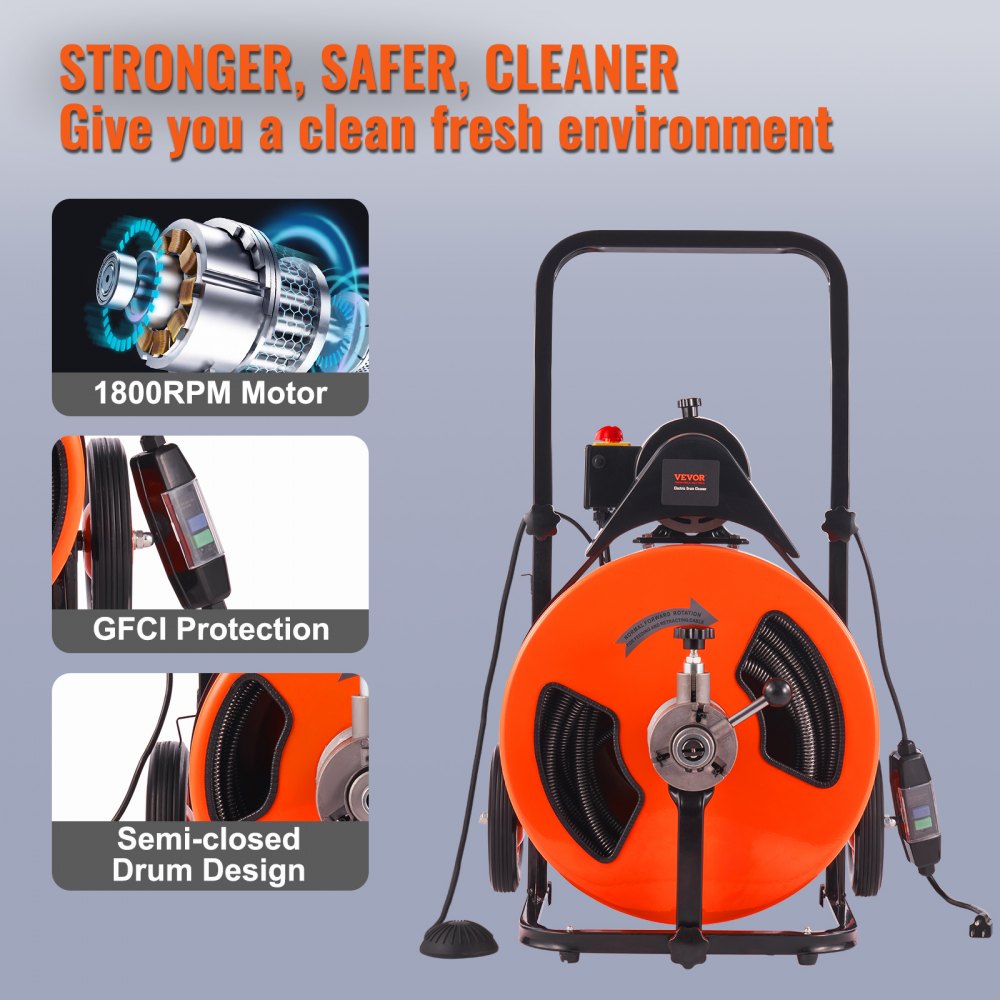 VEVOR Drain Cleaning Machine 100FT x 3/4 Inch, Sewer Snake Machine Auto ...