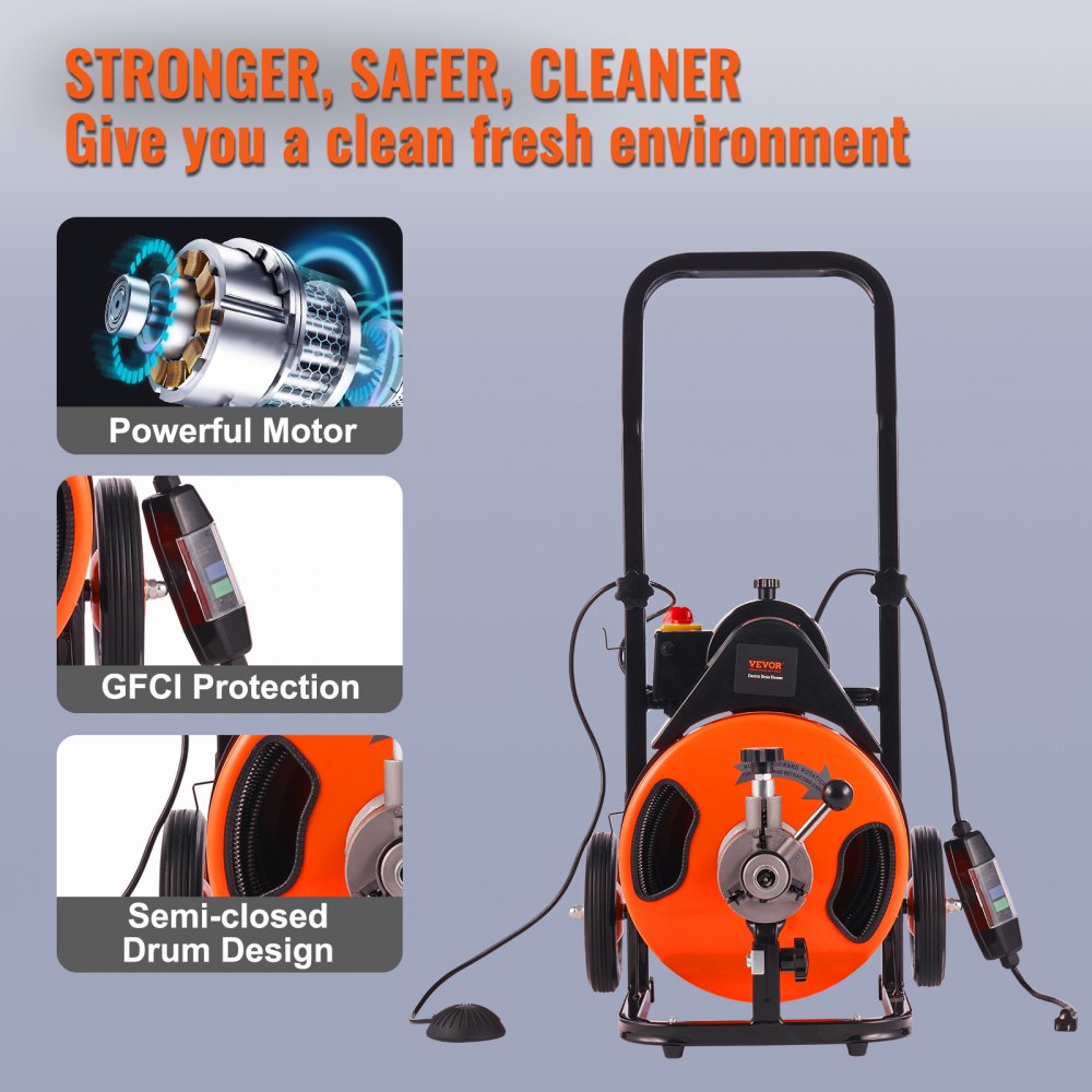 VEVOR Drain Cleaning Machine 100FT x 3/8 Inch, Sewer Snake Machine Auto ...