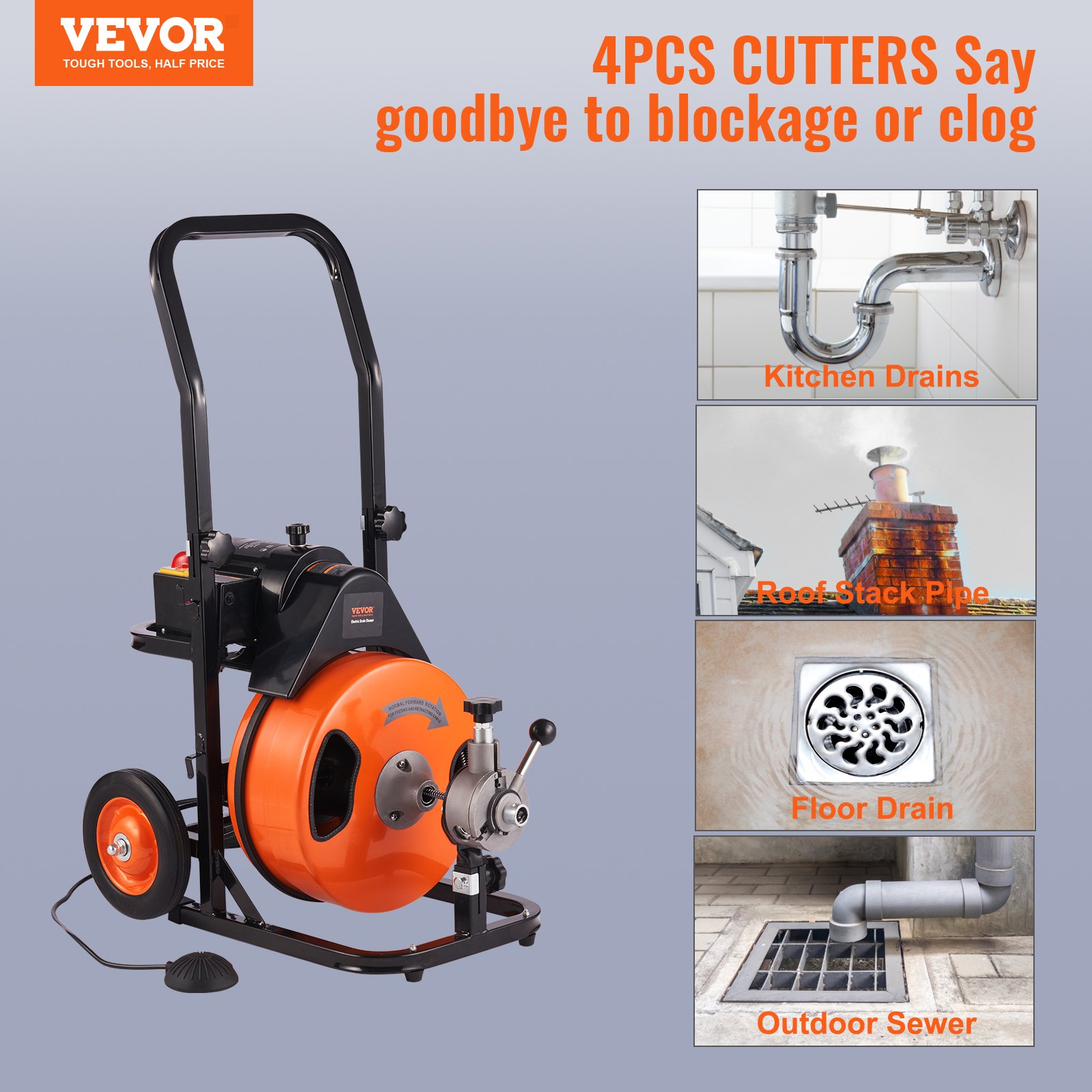 VEVOR Drain Cleaning Machine 100FT x 3/8 Inch, Sewer Snake Machine Auto ...