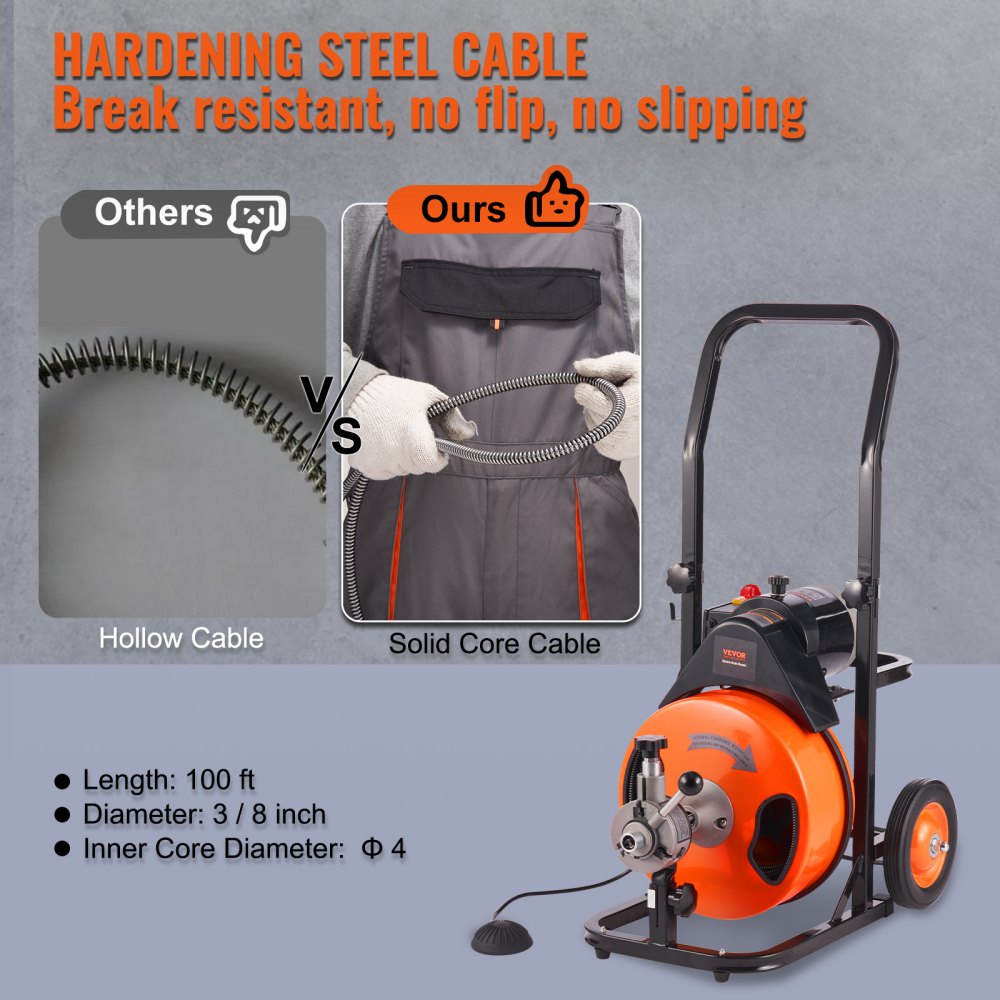 VEVOR Drain Cleaner Machine Electric Drain Auger 100 FT x 3/8 In Auto ...