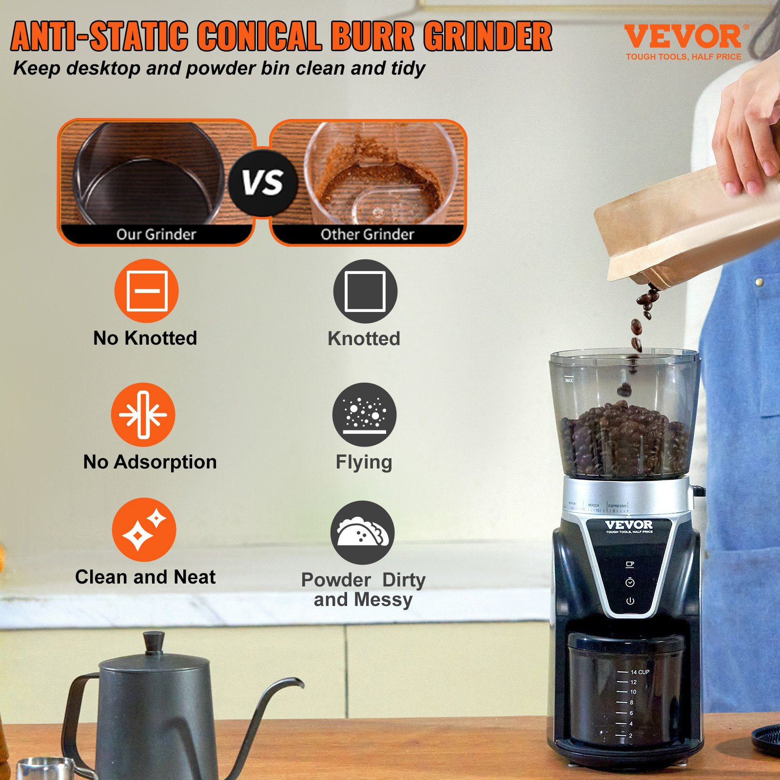 VEVOR Conical Burr Grinder, Electric Adjustable Burr Mill with 51 ...