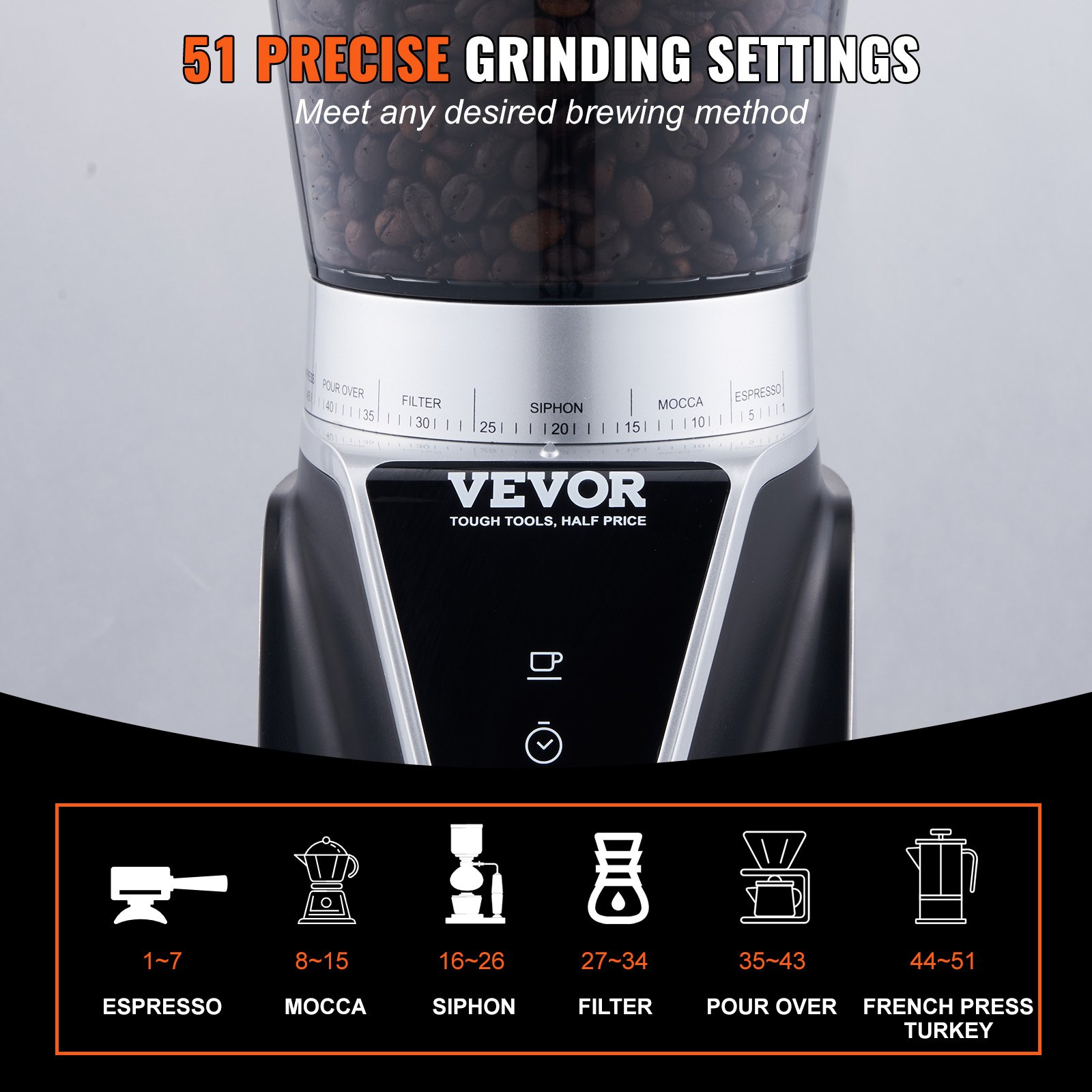 VEVOR Conical Burr Grinder, Electric Adjustable Burr Mill with 51 Precise Grind Setting, 9.7 ...