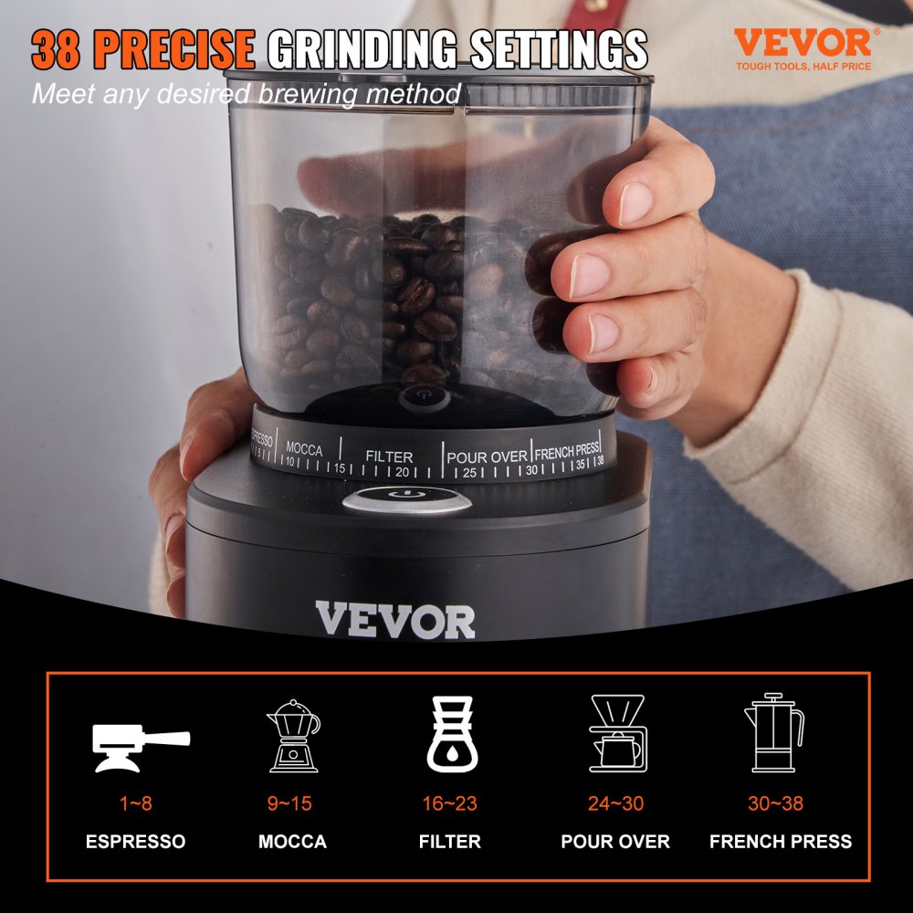 VEVOR Conical Burr Grinder, Electric Adjustable Burr Mill with 35 ...