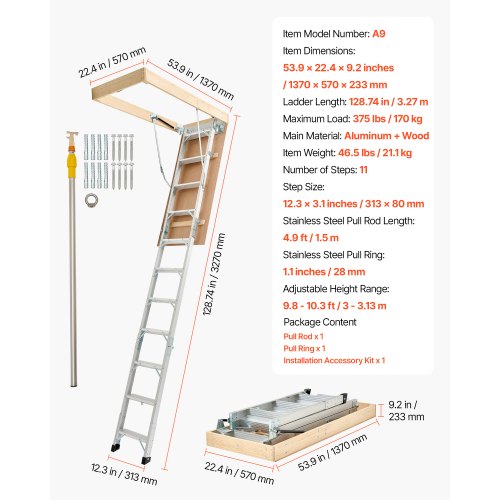 Attic Ladder 375LBS / 170KG Capacity for 7.66 to 10.25 ft Ceilings ...