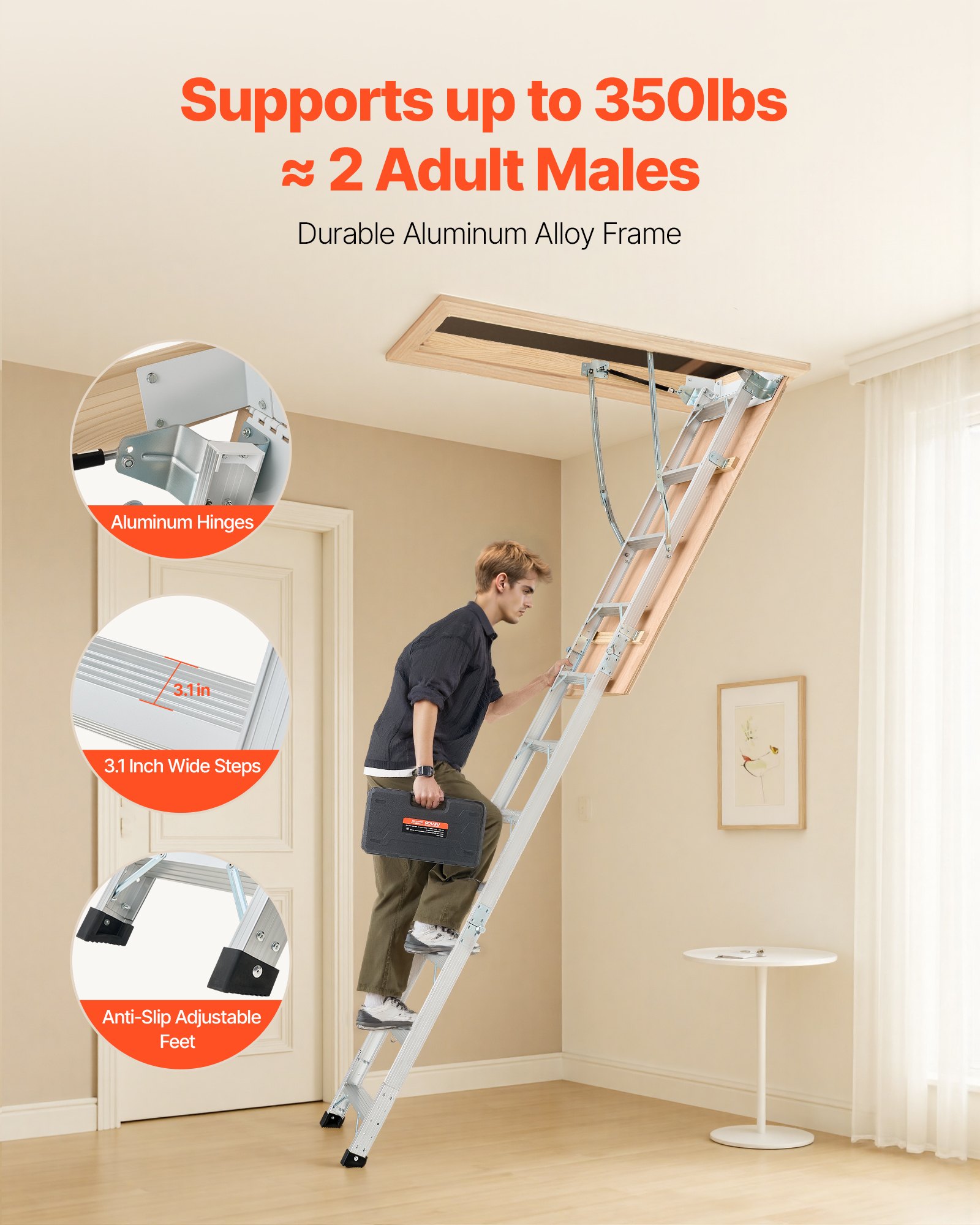 VEVOR 9.8 ft Attic Ladder – 375LBS Load, Fits 7.66-10.25 ft