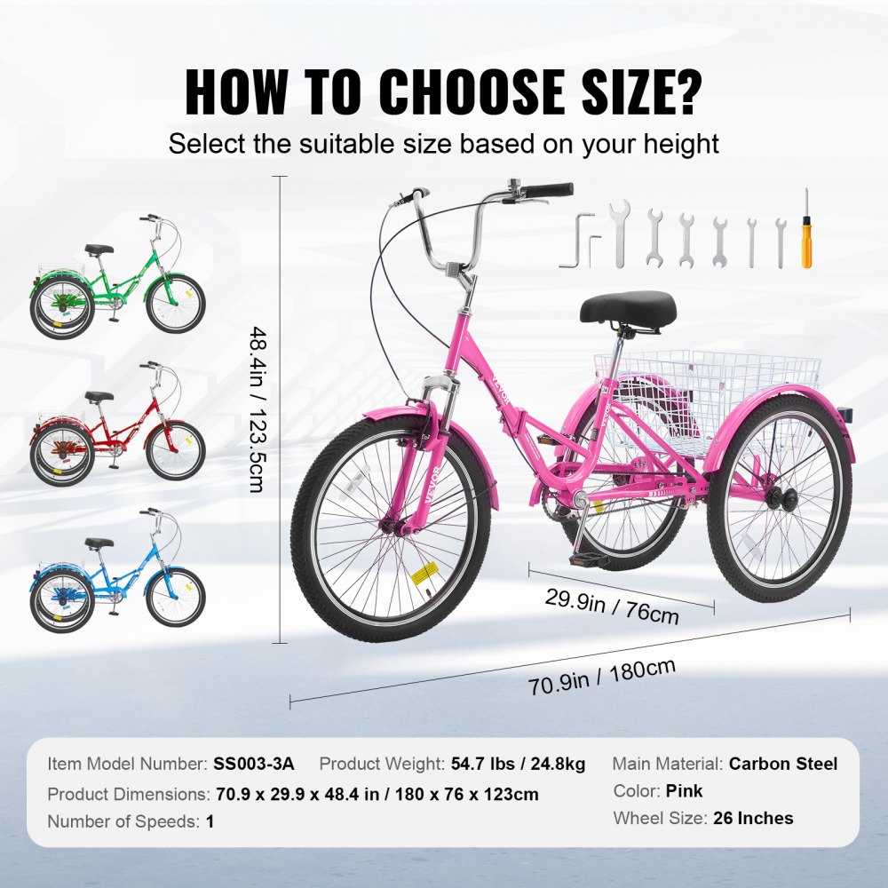 VEVOR Folding Adult Tricycle, 26-Inch Adult Folding Trikes, Carbon ...