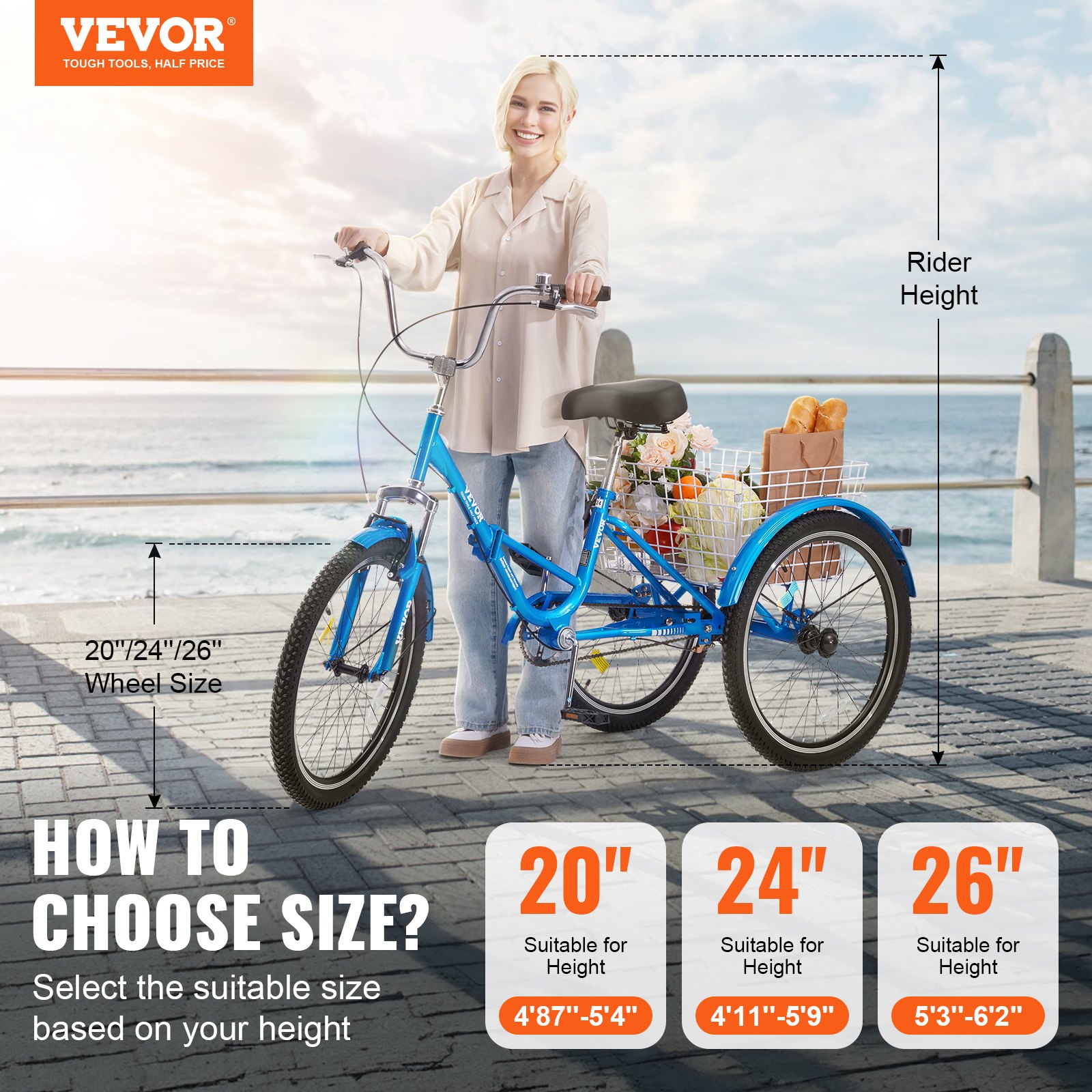 VEVOR Folding Adult Tricycle, 26-Inch Adult Folding Trikes, Carbon ...