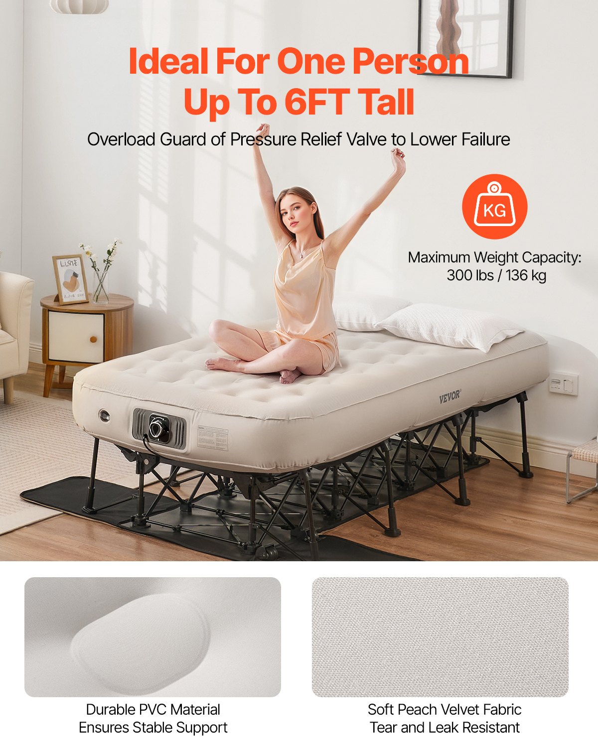 VEVOR Air Mattress with Frame, Inflatable 1 Person Camping Cot with ...