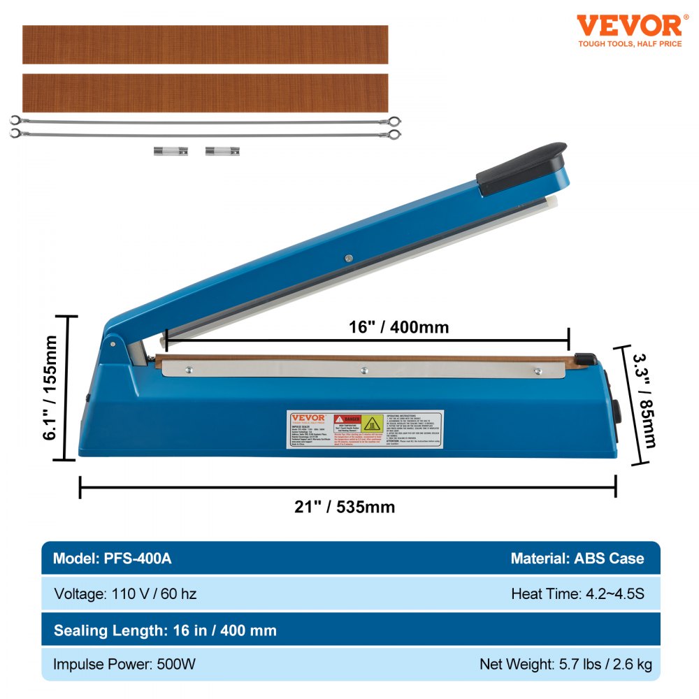 VEVOR Impulse Sealer 16 inch, Manual Heat Seal Machine with Adjustable ...