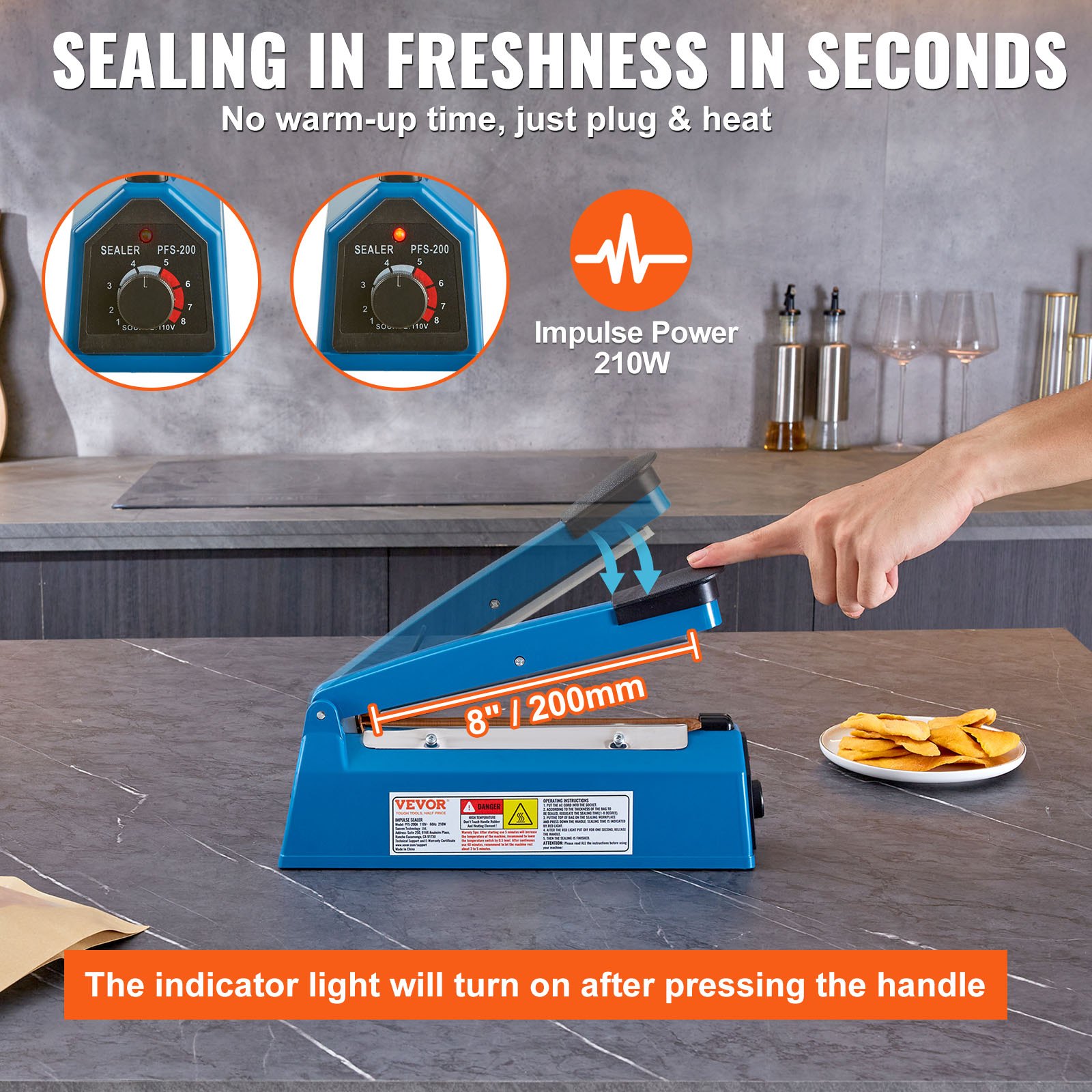 VEVOR Impulse Sealer 8 inch, Manual Heat Seal Machine with Adjustable ...