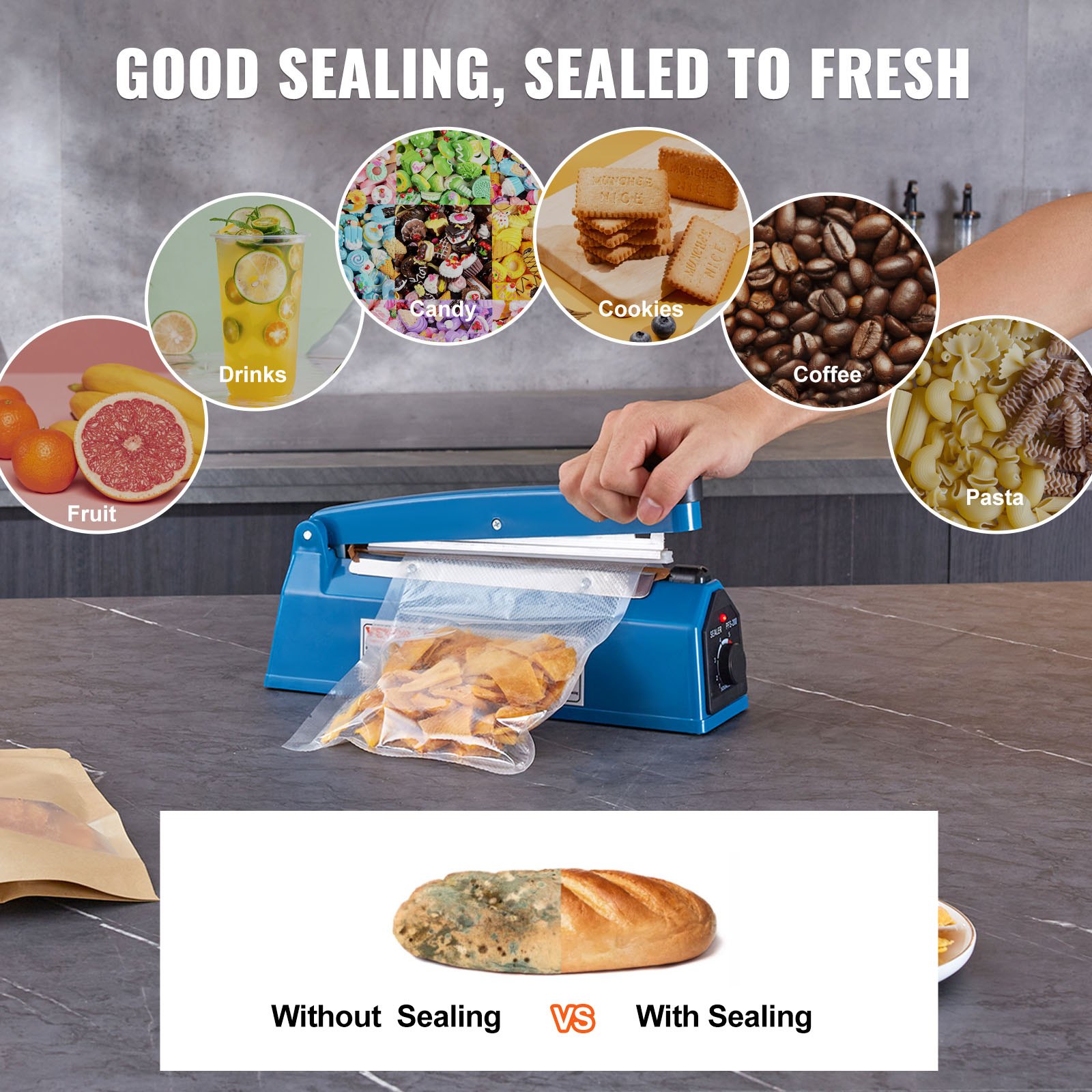 VEVOR Impulse Sealer 8 inch, Manual Heat Seal Machine with Adjustable ...