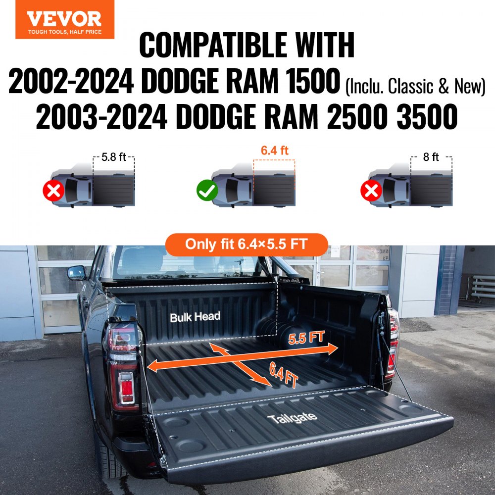 VEVOR Quad-Fold Tonneau Cover Truck Bed Cover for 2002-2024 Dodge Ram ...