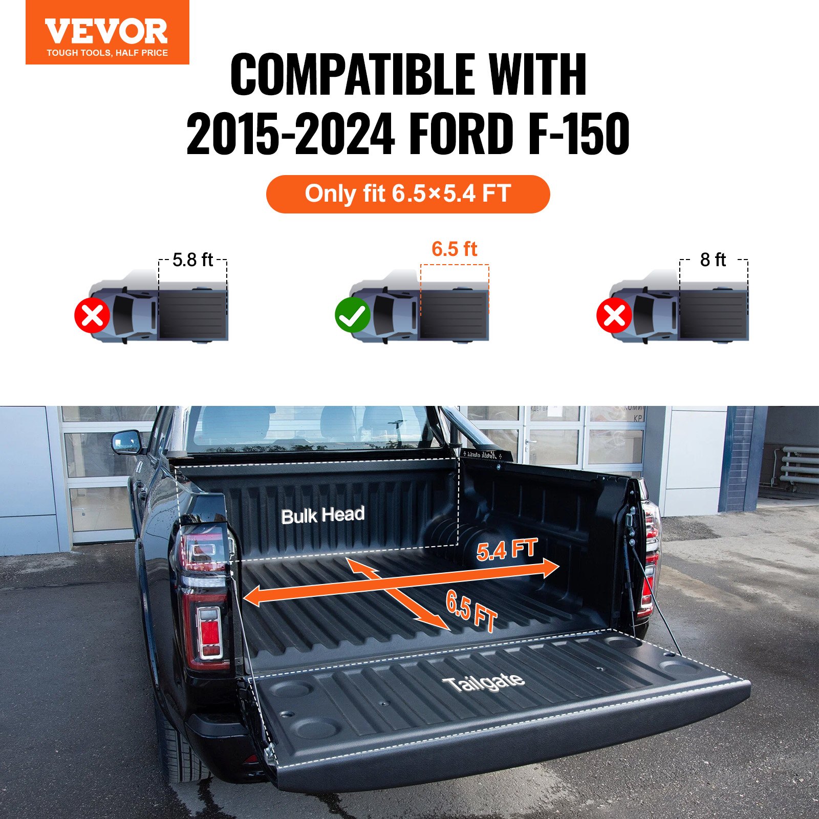 VEVOR Tri-Fold Truck Bed Tonneau Cover, Compatible with 2015-2024 Ford F-150, 6.5' (79") Bed ...