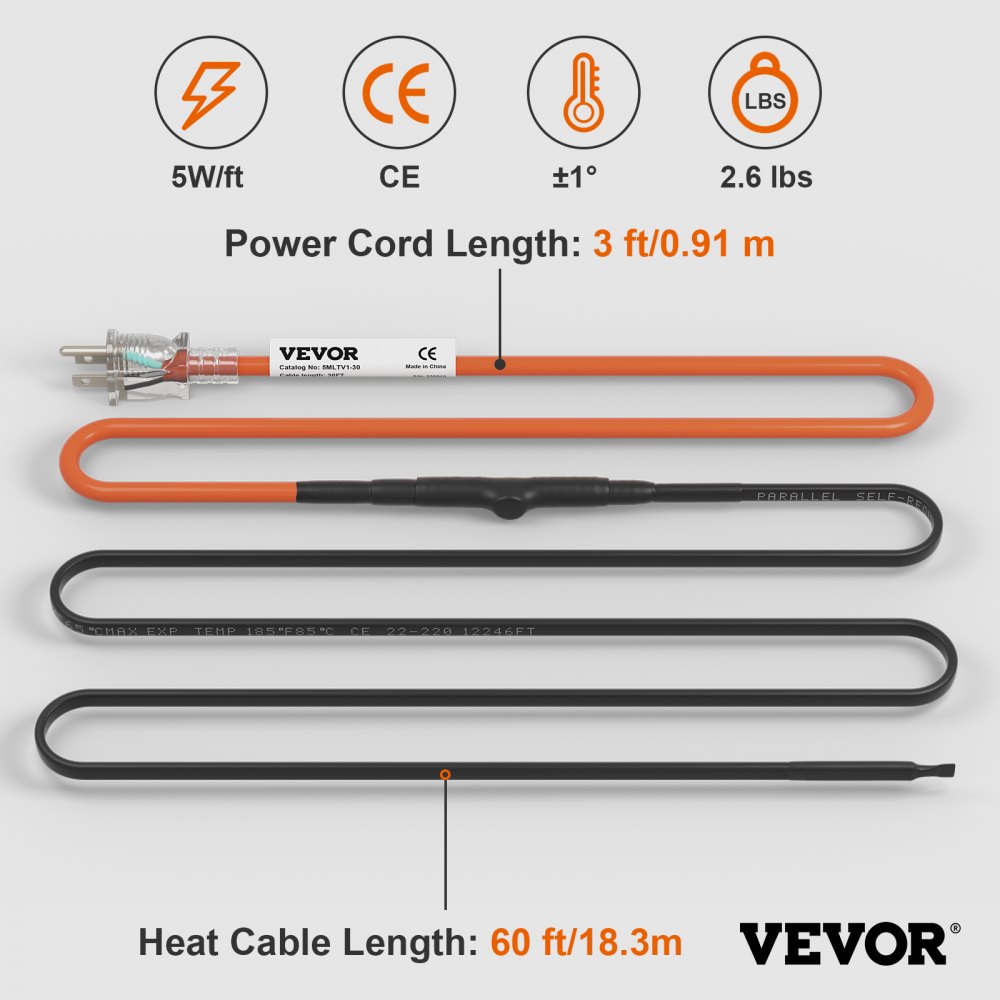 VEVOR Self-Regulating Pipe Heating Cable, 60-feet 5W/ft Heat Tape for ...