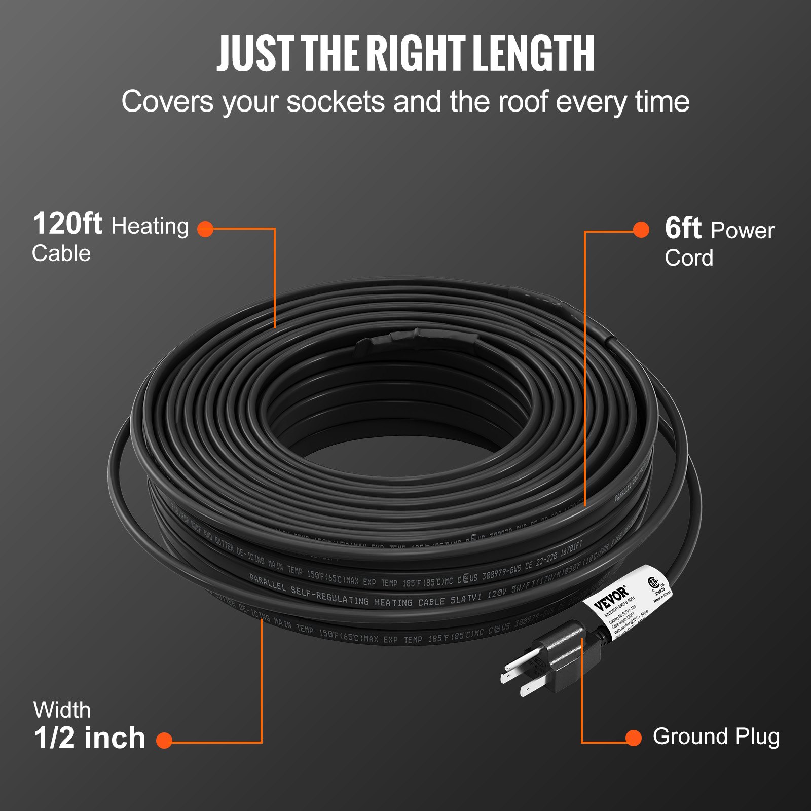 VEVOR Self-Regulating Pipe Heating Cable, 120-feet 5W/ft Heat Tape for ...