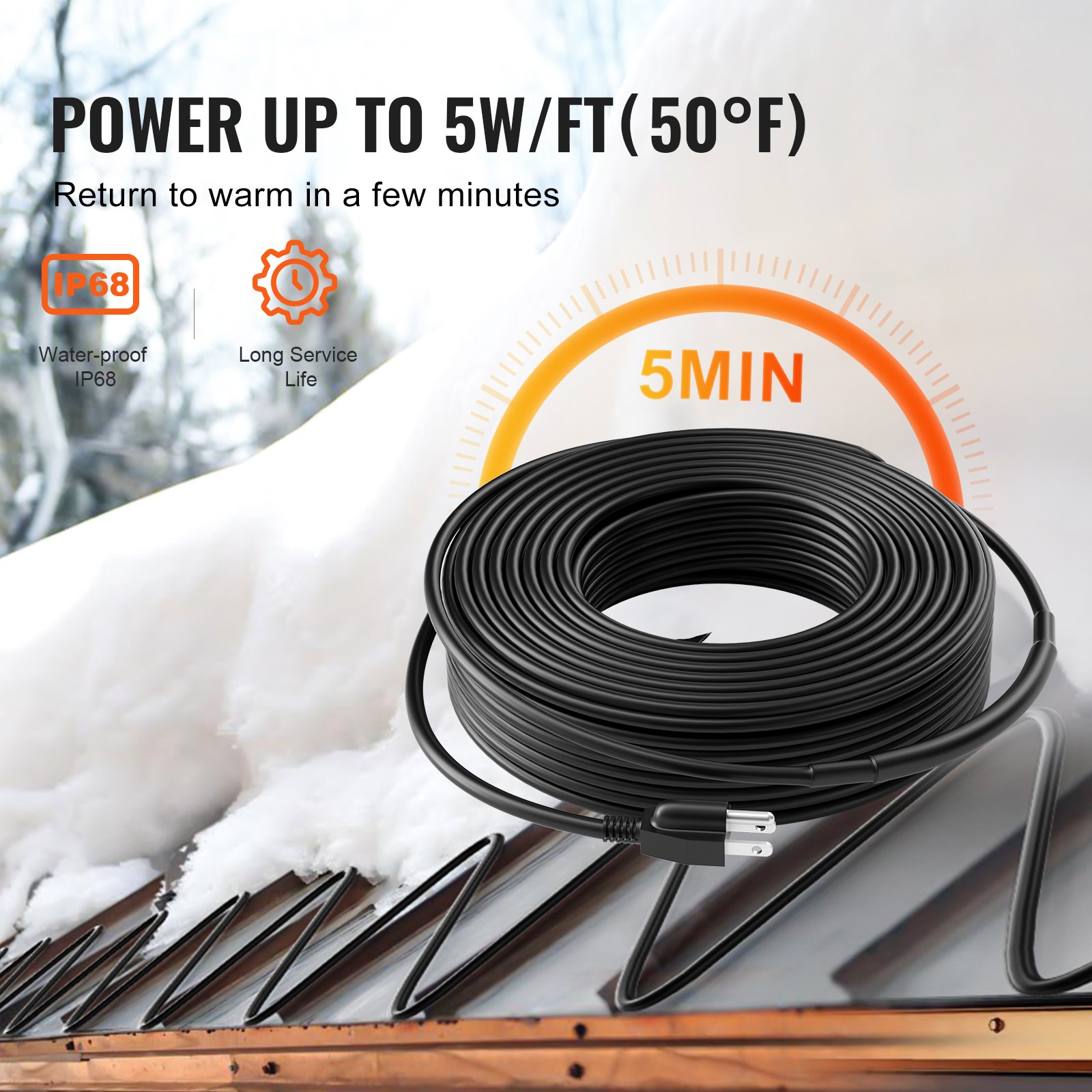 VEVOR Roof Snow Melt Cable – 140 FT, 5 W/FT, Self-Regulating