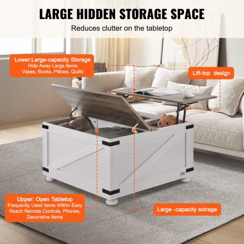 VEVOR 31.5" Farmhouse Coffee Table, Hinged Lift Top Coffee Square Table ...