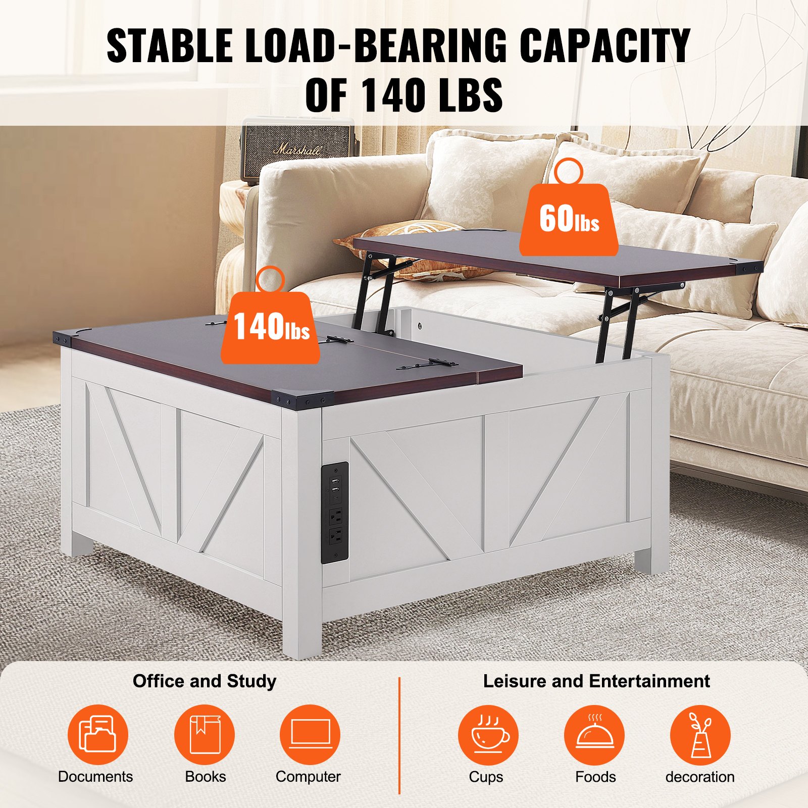 VEVOR 36" Farmhouse Coffee Table, Hinged Lift Top Square Coffee Table ...