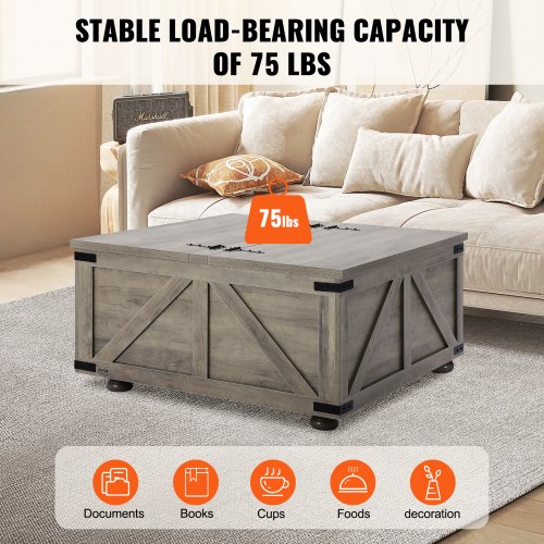 VEVOR Farmhouse Coffee Table, 36 Inch Hinged Square Coffee Table with ...