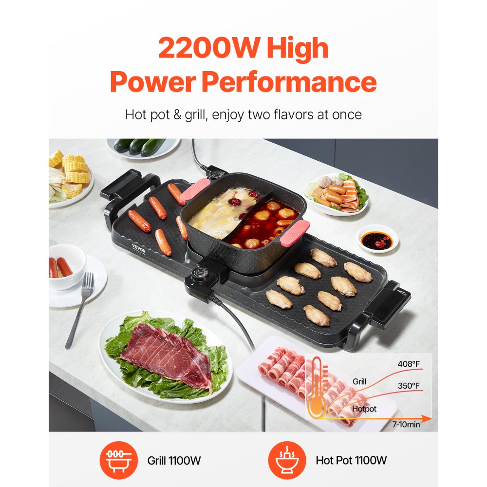 VEVOR Hot Pot with Grill, 2300W 2-in-1 Electric Smokeless Grill and Hot ...