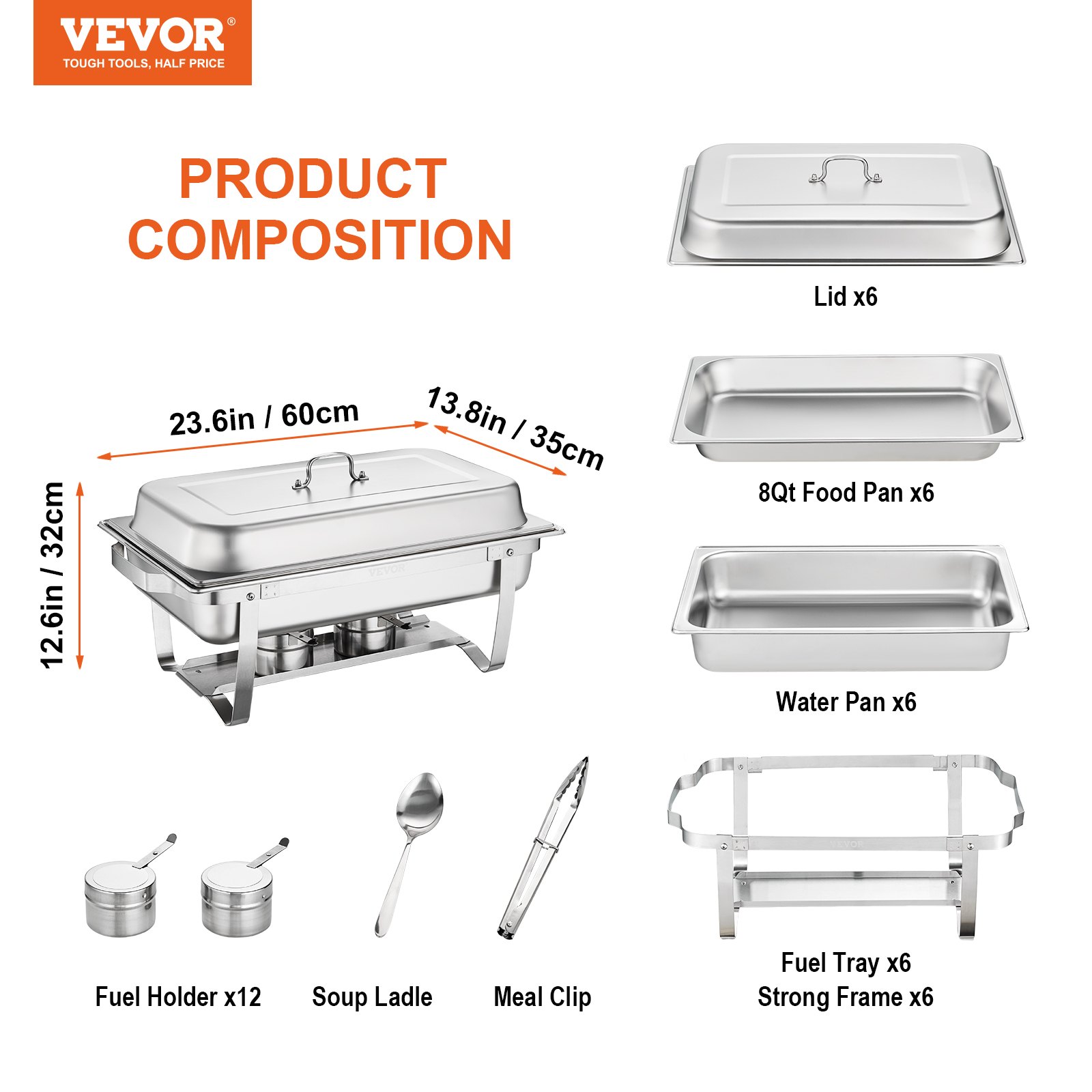 VEVOR Chafing Dish Buffet Set, 8 Qt 6 Pack, Stainless Chafer with 6 ...