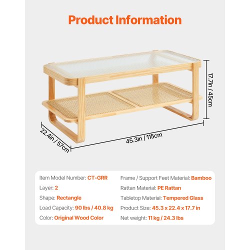 VEVOR Rattan Coffee Table, Rectangle Rattan Woven Wood Coffee Table ...