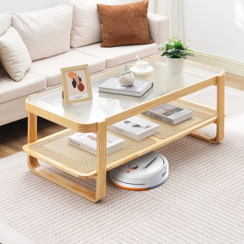 VEVOR Rattan Coffee Table, Rectangle Rattan Woven Wood Coffee Table ...